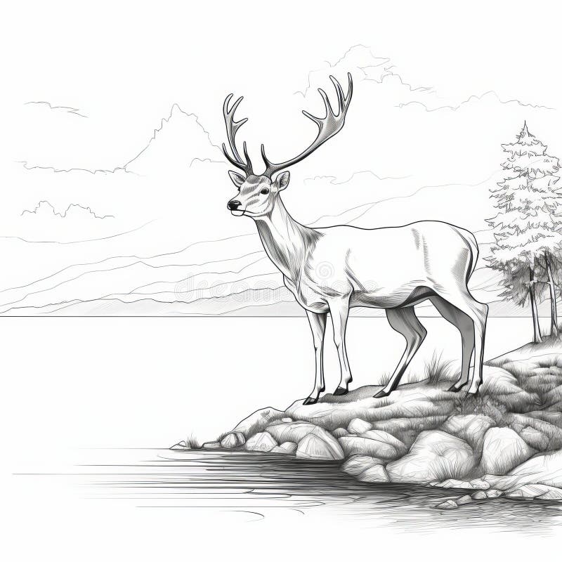 Detailed Black and White Deer Sketch Near Water - Golden Age ...