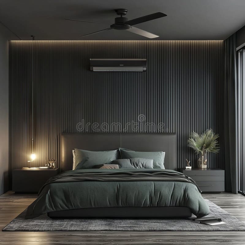 A Highly Realistic Modern Master Bedroom in Green with an Air ...