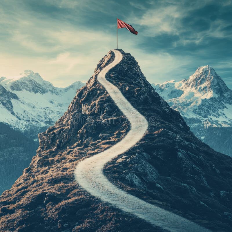 Highly Rendering of a Mountain Peak with a Red Flag on Top. Stock ...