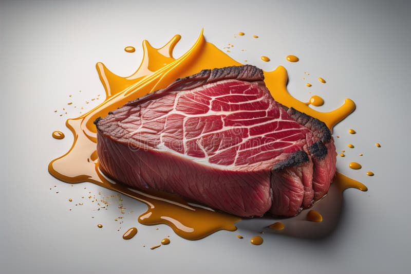 Highly Rendering of Raw Beef Steak with Yellow Splash on White ...