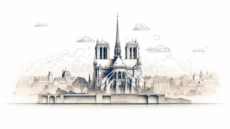 Highly Stylized Drawing of Notre-Dame of Paris Back View in Black and ...
