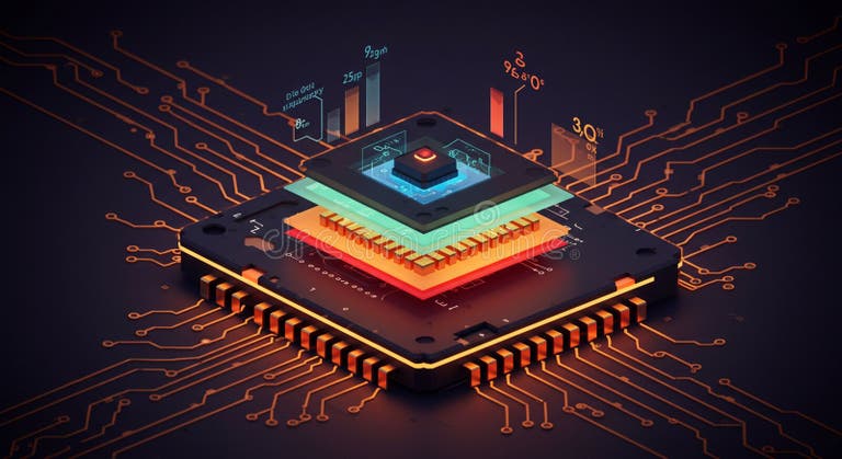 A Highly Stylized Illustration of a Microchip with Multiple Layers ...