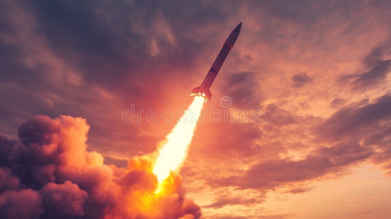 HighPerformance Military Rocket Launch at Dusk with Dramatic Cloudscape ...