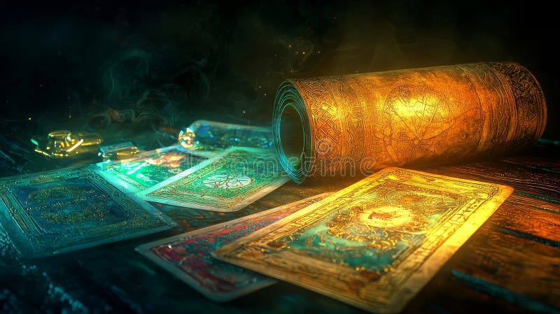 Highquality 3D Illustration of Tarot Cards and Ancient Scroll Stock ...