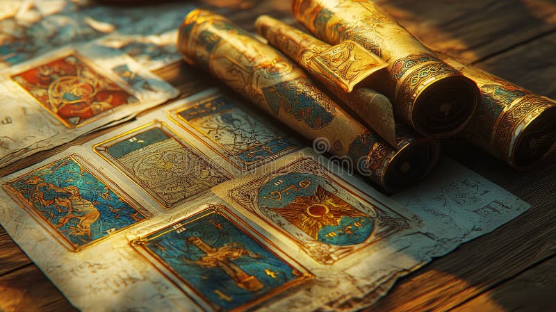 Highquality 3D Illustration of Tarot Cards and Ancient Scroll Stock ...