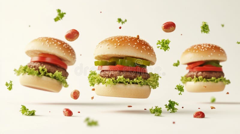 Highquality 3D Isolated Burger Pieces Falling on White Background Stock ...