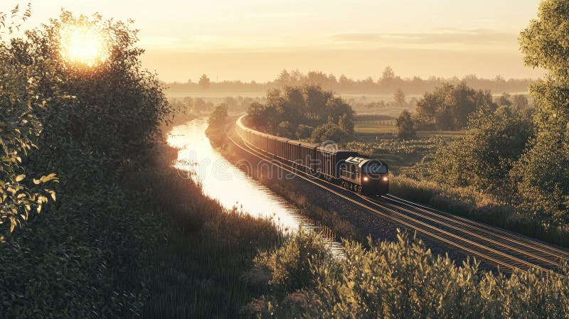 Highresolution 3D Render of Freight Train in Countryside Landscape ...