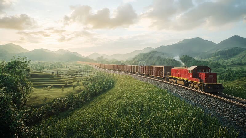 Highresolution 3D Render of Freight Train in Countryside Landscape ...