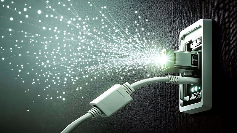 Highspeed Internet Connection Visualized. a Network Cable Plugs into a ...