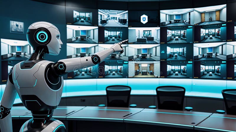 Futuristic AI Monitoring Room with Intelligent Robot Assistance Stock ...