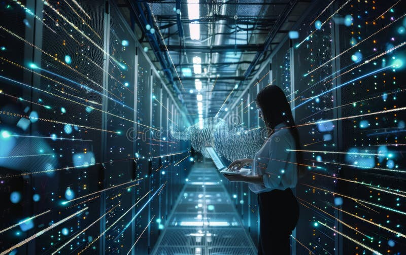 Hightech Data Center with Woman Using Laptop and Digital Glowing Blue ...