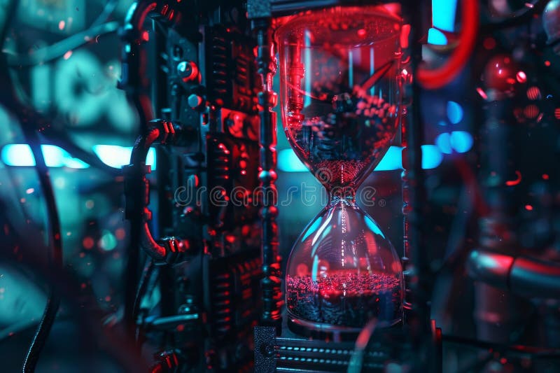 Hightech Hourglass Set Against a Backdrop of Neonlit Computer Hardware ...
