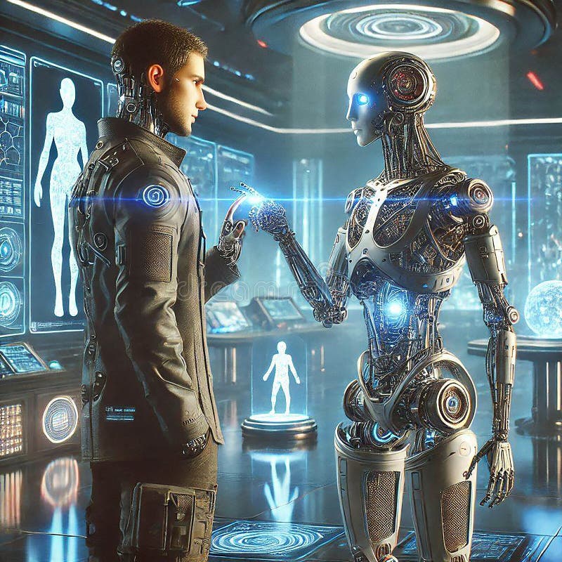 HighTech Laboratory Interaction Humanoid Robot and Futuristic Human ...