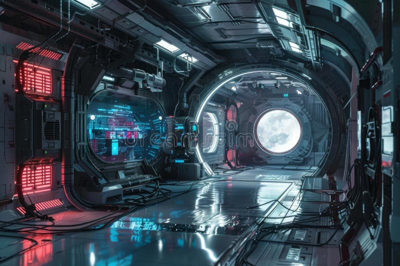 Futuristic Spaceship Corridor with Holographic Interface Stock Image ...