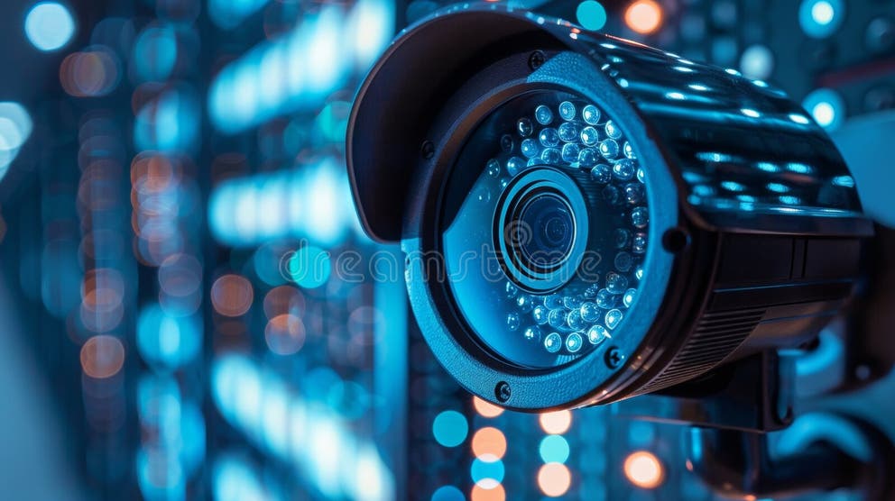 Hightech Surveillance Camera Set Against a Bokeh Light Background in a ...