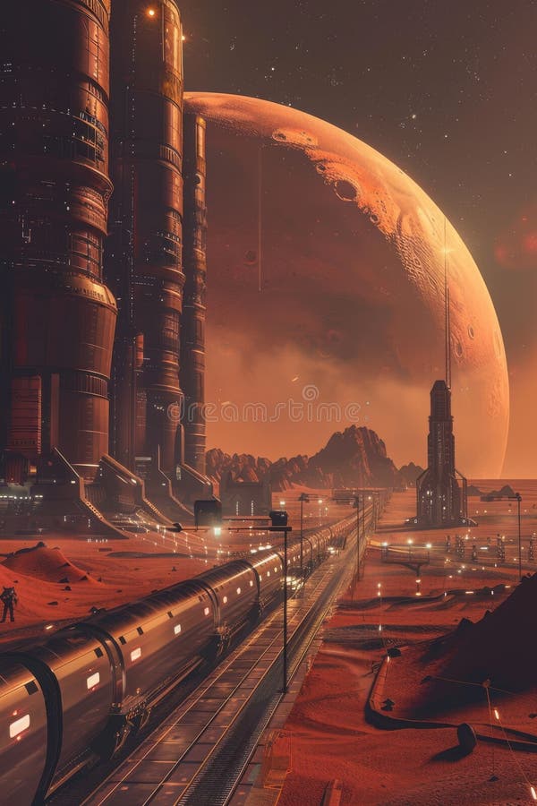 A Hightech Train Station on Mars Stock Illustration - Illustration of ...