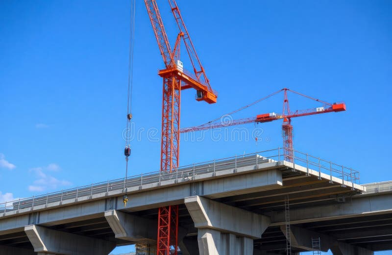 Highway Bridge Construction Site Under Clear Sky. Large Orange Crane ...