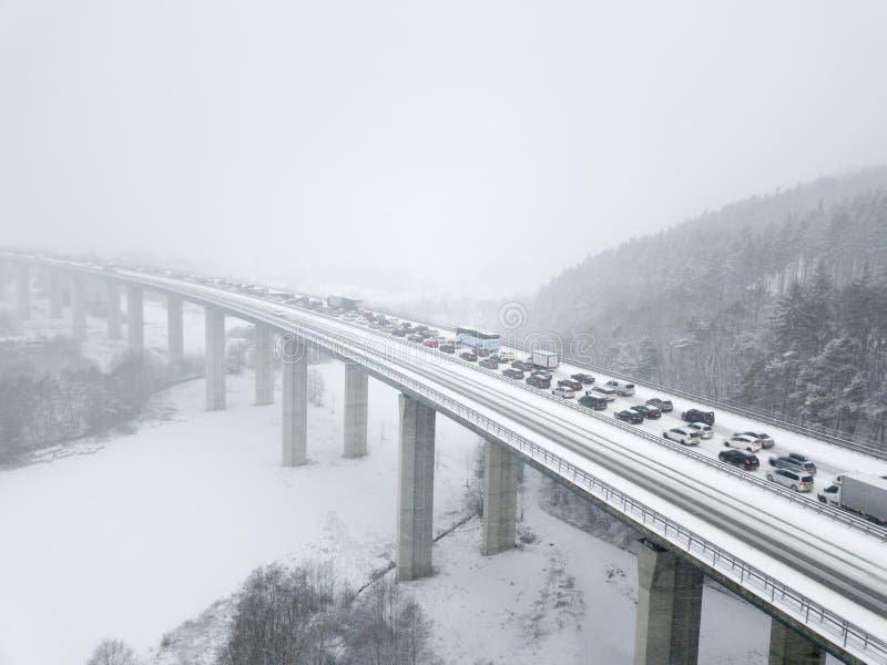 Highway Bridge during a Heavy Snowfall Stock Image - Image of freeway ...