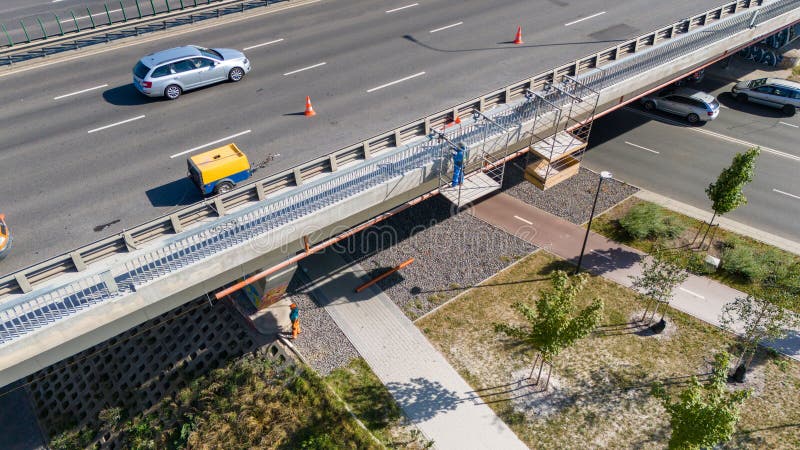 Highway Bridge Maintenance Aerial View Stock Photo - Image of track ...