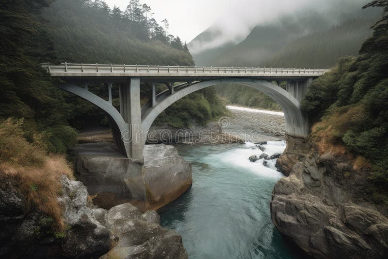 Highway Bridge Over Clear, Winding River with Waterfalls Stock ...