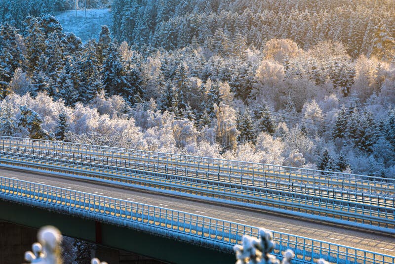 Highway Bridge Over a Snowy Forest.. Stock Photo - Image of outside ...