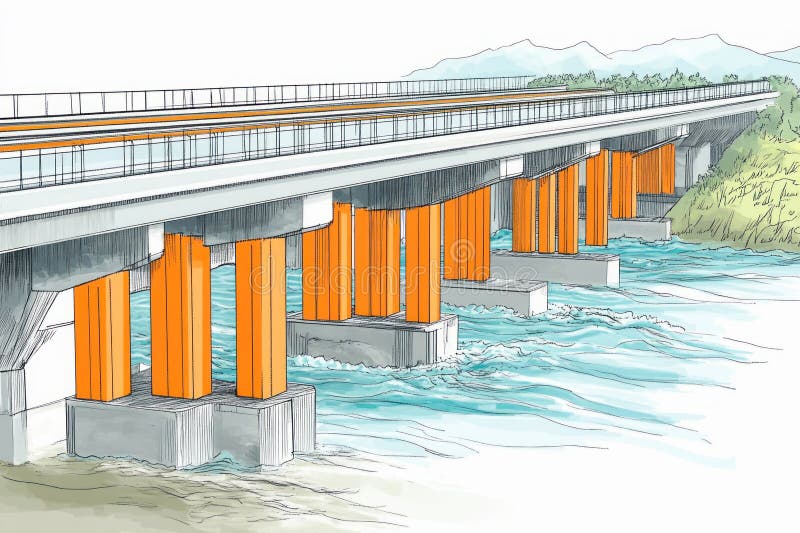 Highway Bridge Spanning a Rapid River Illustration Stock Image - Image ...