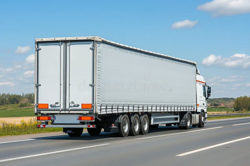On the Highway, a Cargo Truck is Hauling a White, Empty Trailer Stock ...
