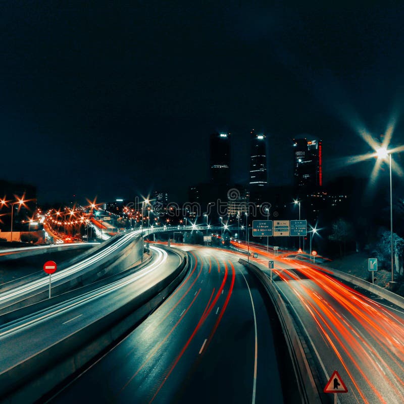 Highway with Cars at Night Downtown Stock Image - Image of lighting ...