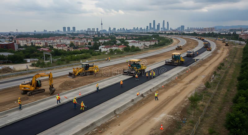 Highway Construction in Progress with Machinery and Workers Under ...