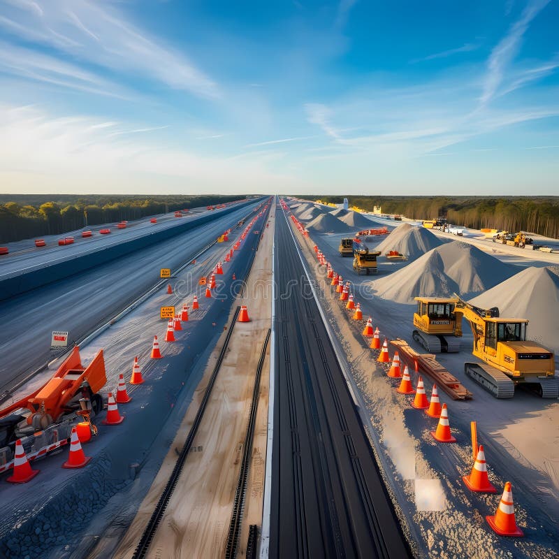 Highway Construction Site with Multiple Lanes in Progress. Heavy ...