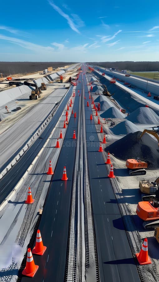 Highway Construction Site with Multiple Lanes Under Development. Bright ...
