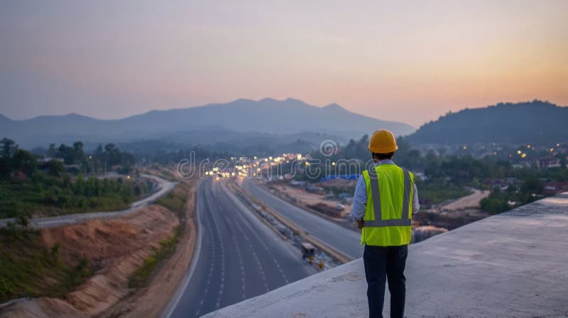 Highway Construction Worker Inspecting Progress at Dusk with Mountain ...