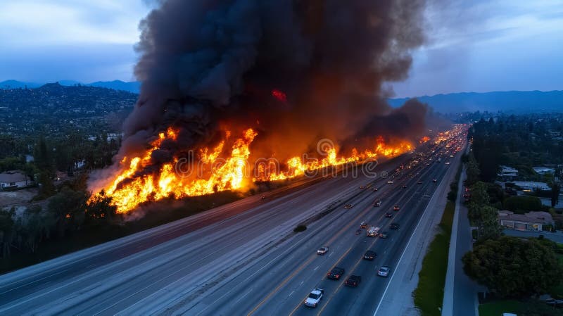 Highway Fire Disaster a Massive Wildfire Engulfs the Side of a Freeway ...