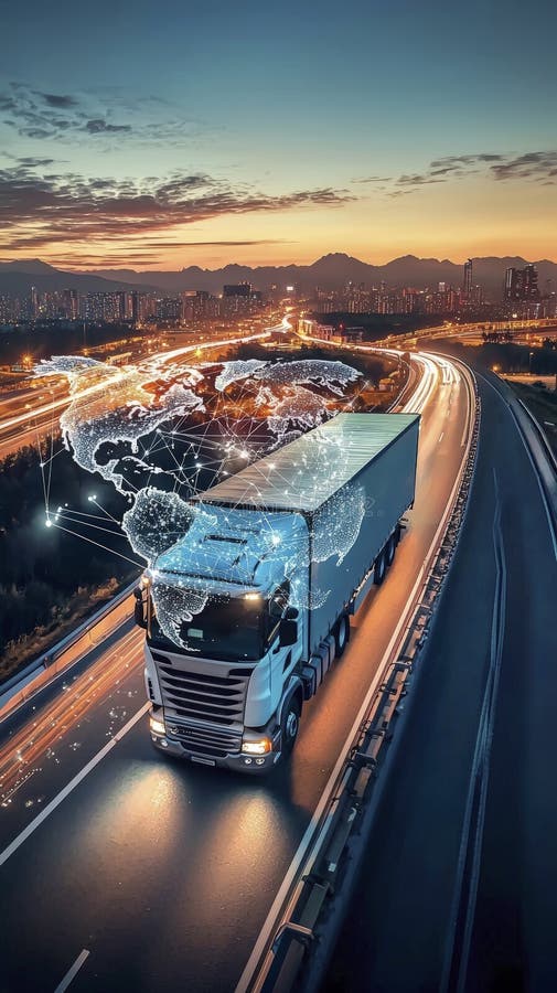 Highway Freight Truck Beneath Luminous Network Sphere Stock ...