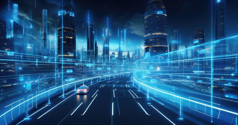 Highway with Glowing City at Night. Technology Concept Stock ...