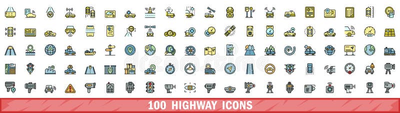 100 Highway Icons Set, Color Line Style Stock Vector - Illustration of ...