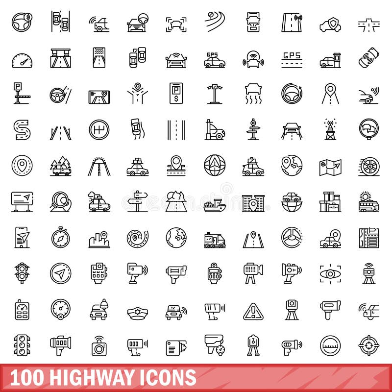 100 Highway Icons Set, Outline Style Stock Vector - Illustration of ...
