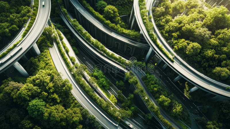 Highway Interchange Curving through Lush Forest, Merging Concrete ...