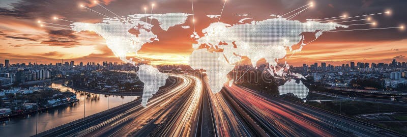 Highway Interchange with Digital World Map Overlay Stock Illustration ...