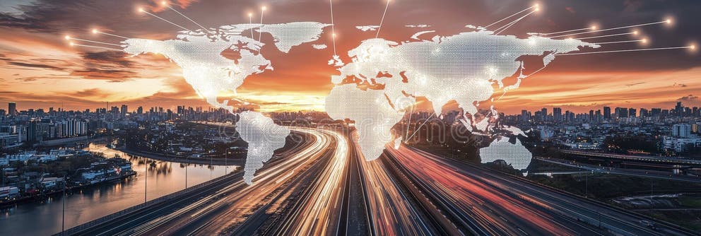 Highway Interchange with Digital World Map Overlay Stock Illustration ...