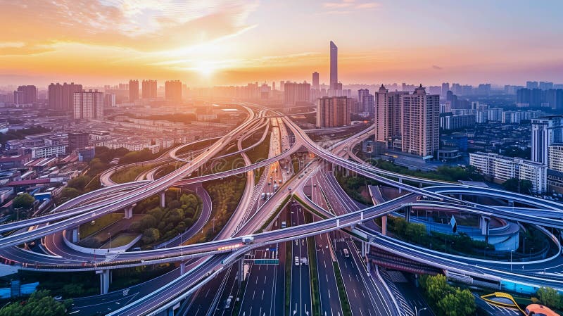 Highway Interchange Junction with City Background Stock Illustration ...