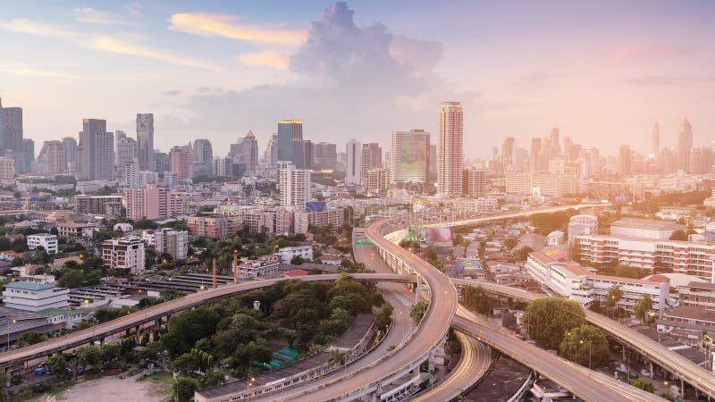 Highway Interchanged with City Business Downtown Stock Image - Image of ...