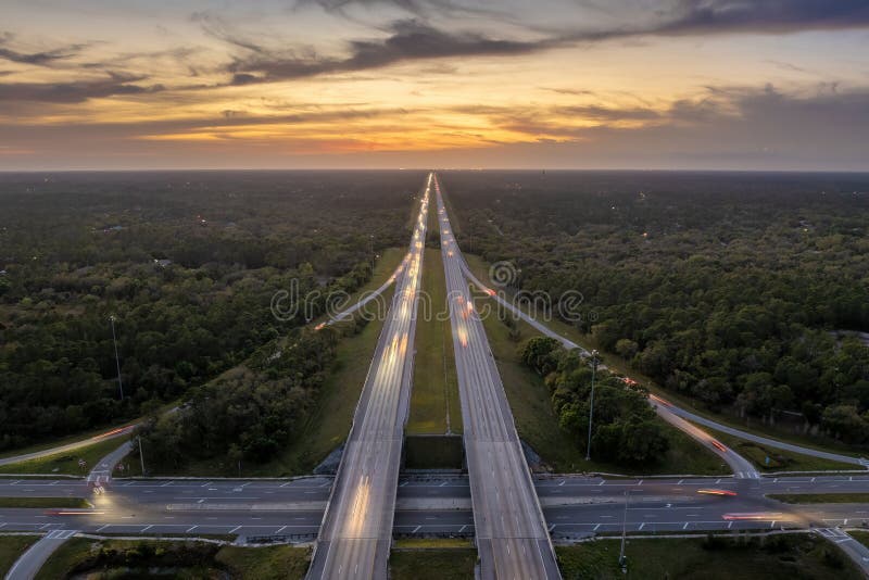 Highway Intersection in Florida Rural Area at Sunset. Elevated ...