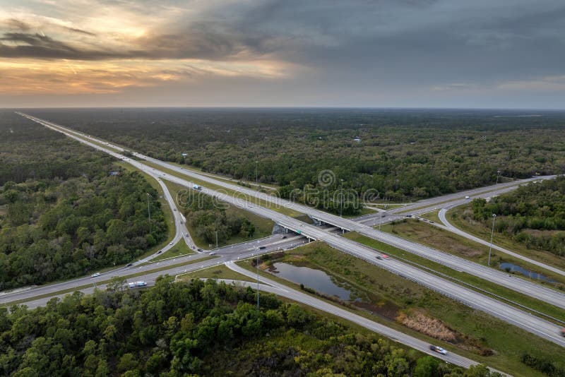 Highway Intersection in Florida Rural Area at Sunset. Elevated ...