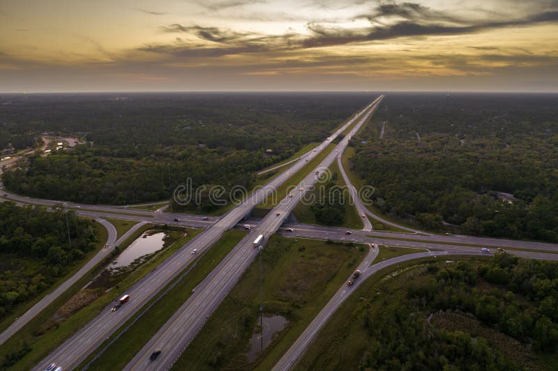 Highway Intersection in Florida Rural Area at Sunset. Elevated ...