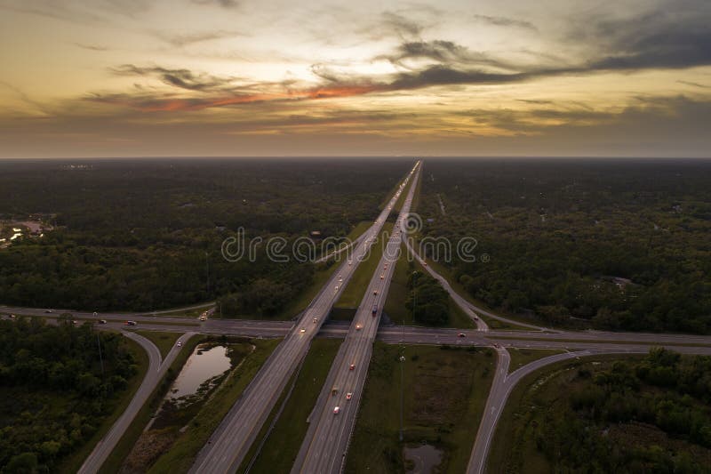 Highway Intersection in Florida Rural Area at Sunset. Elevated ...