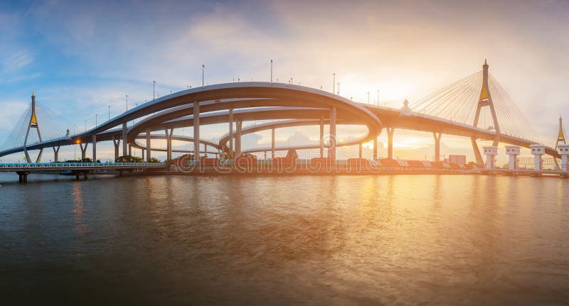 Highway Intersection Panorama View Over Suspension Bridge Stock Photo ...
