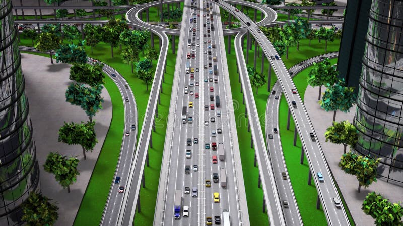 Highway Intersection/ Road Interchange Middle in the City with Heavy ...