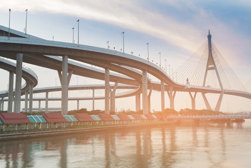 Highway Intersection and Suspension Bridge Stock Image - Image of city ...
