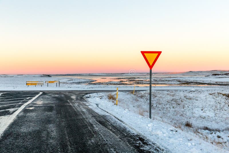 Highway Intersection with Yield Sign in Iceland Stock Image - Image of ...